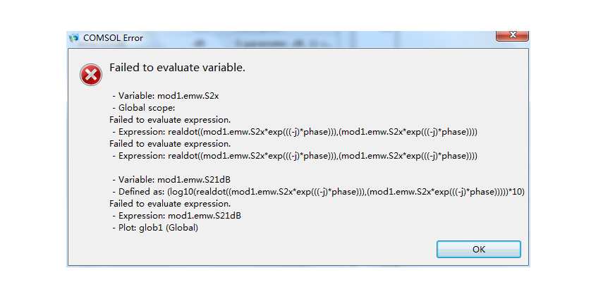 comsol error Failed to evaluate variable